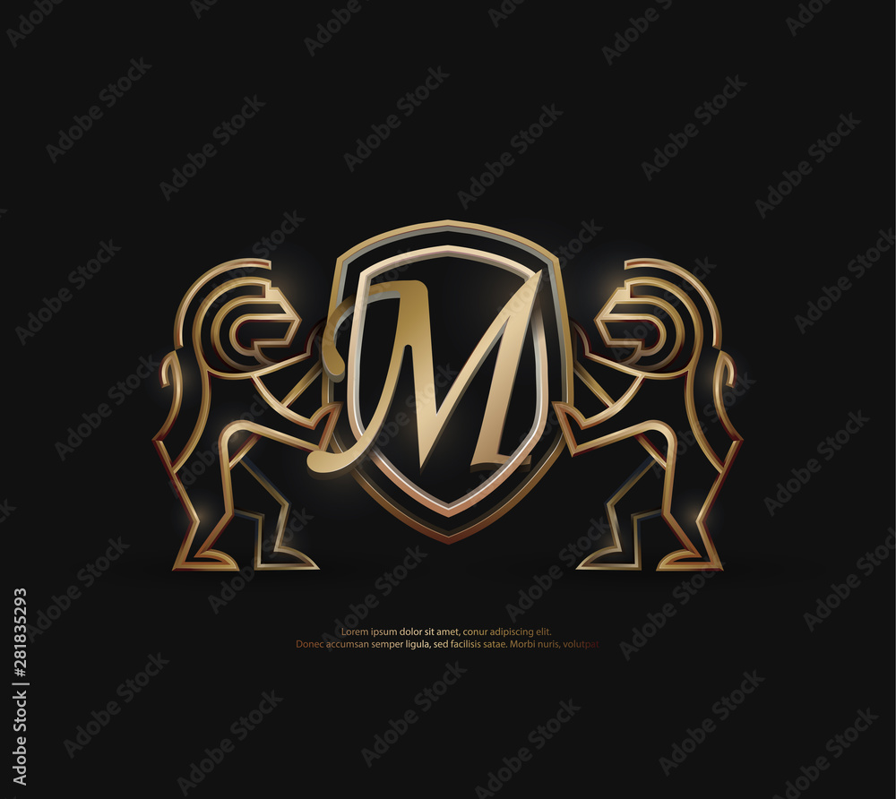 3d golden vintage M letter lion shield crest monoline logo template ...