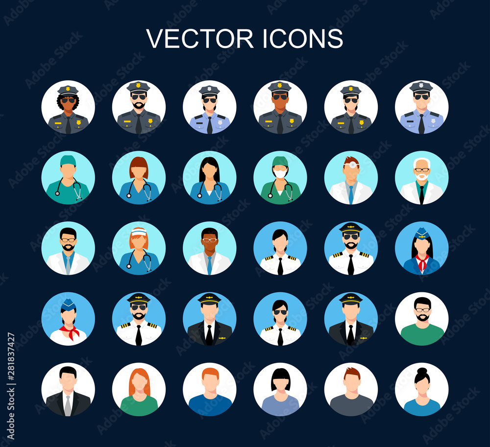 Profession icon set. Avatars profession people: cop, pilot, stewardess ...