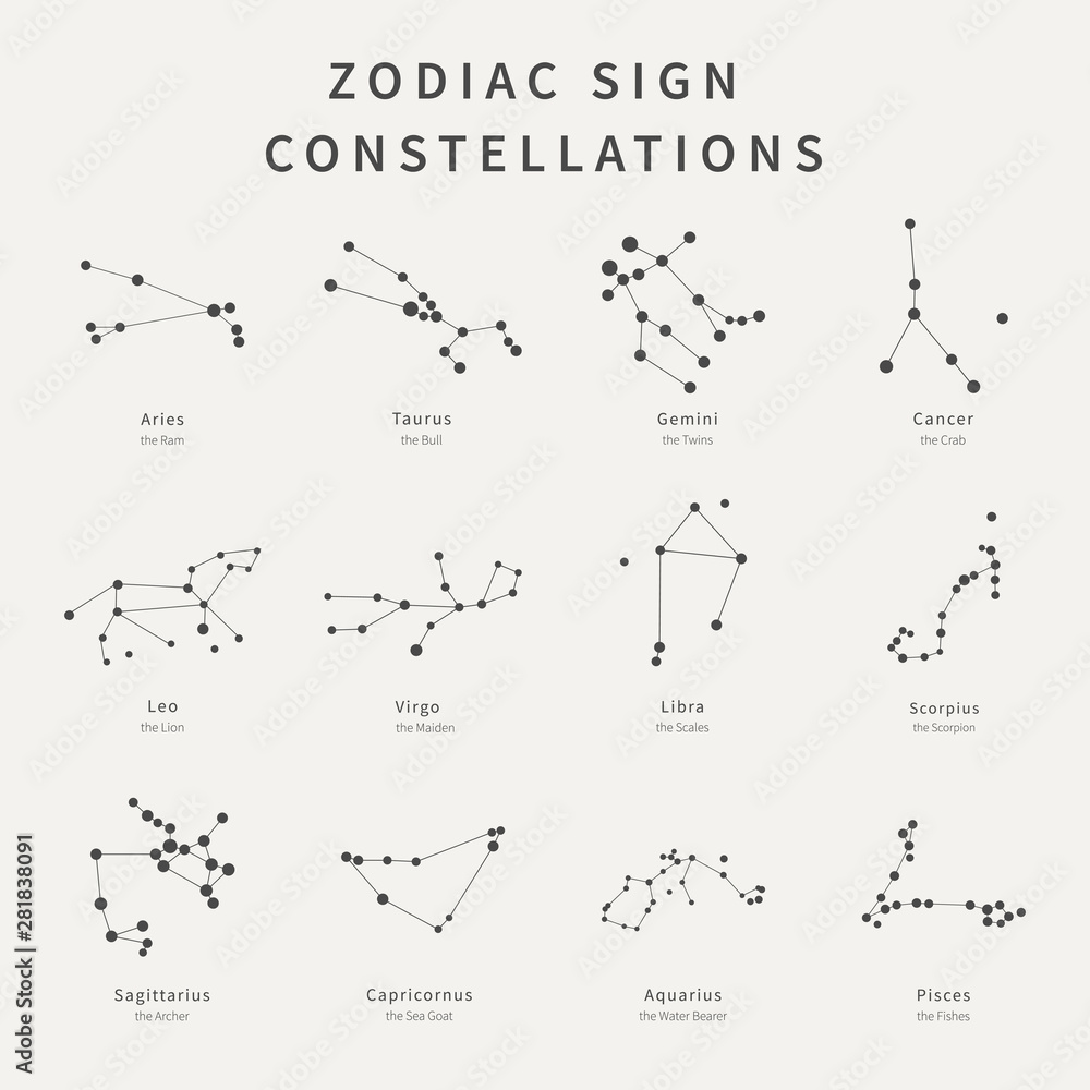 Set of Zodiac Sign Constellations Isolated on White Background. Design ...