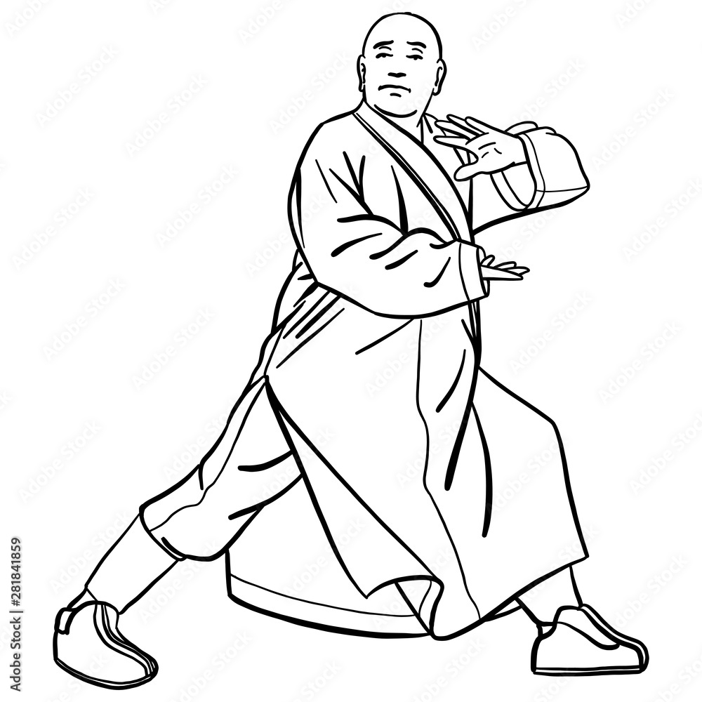 Hand drawn vector illustration of a comic shaolin monk in old ...