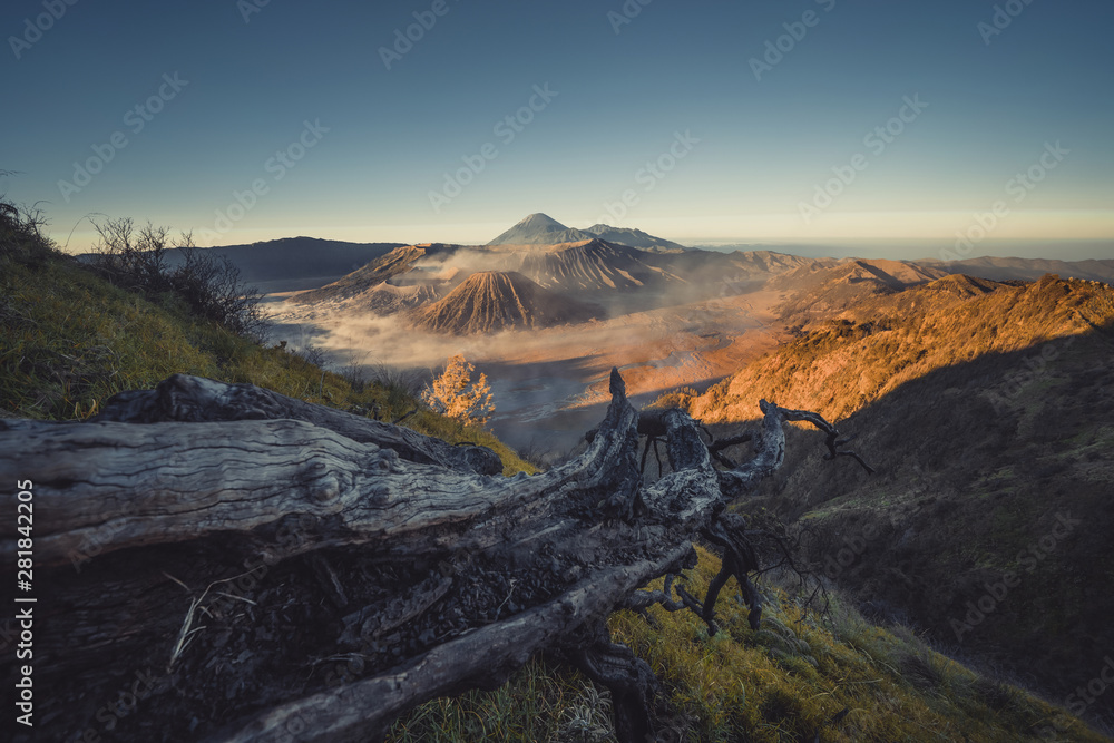 Aerial view of Mount Bromo at sunrise. An active volcano, one of the ...