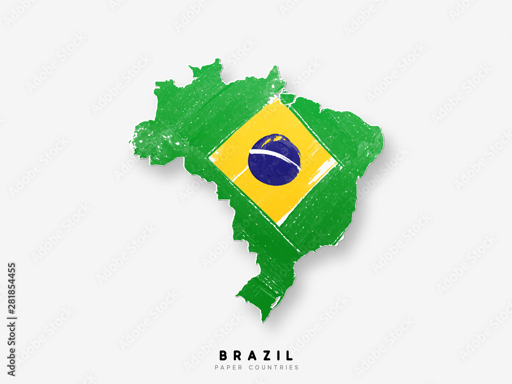 Brazil detailed map with flag of country. Painted in watercolor paint ...