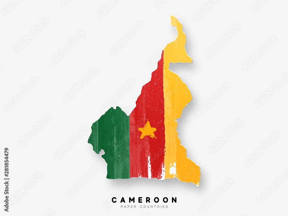 Cameroon detailed map with flag of country. Painted in watercolor paint ...