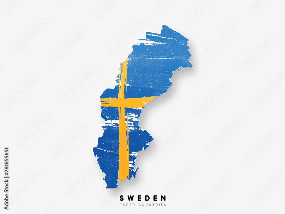 Sweden detailed map with flag of country. Painted in watercolor paint ...