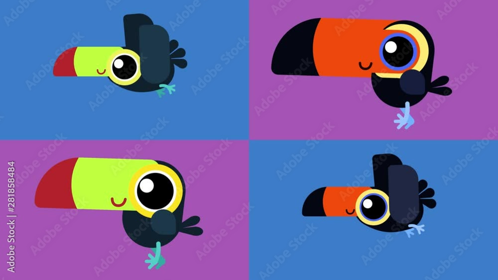 100 baby animals. Set adorable toucans. Walk cycle and flying cute baby ...