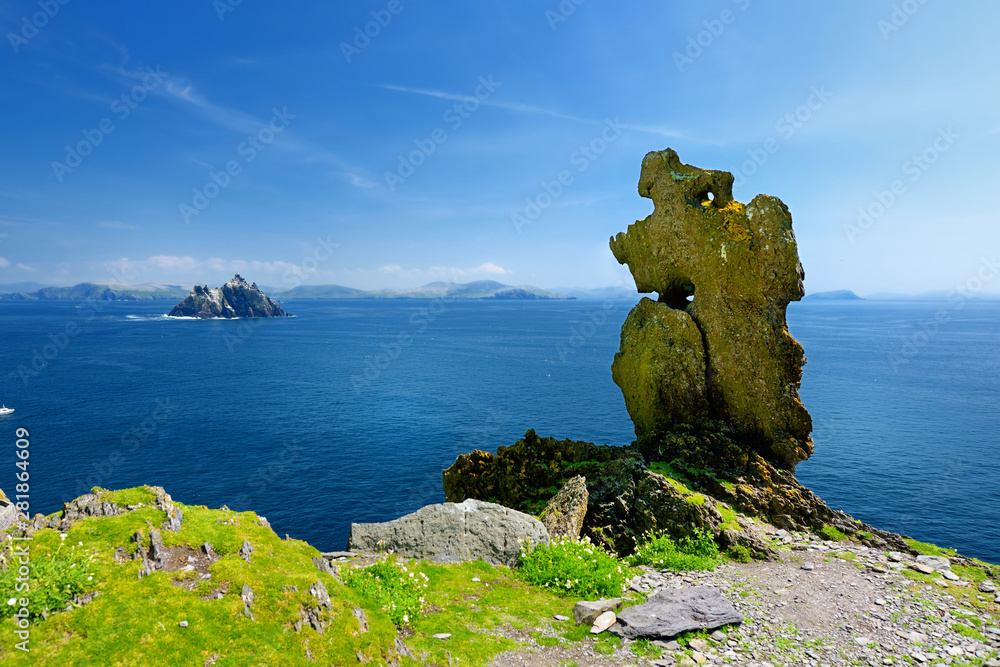 Skellig Michael or Great Skellig, home to the ruined remains of a ...