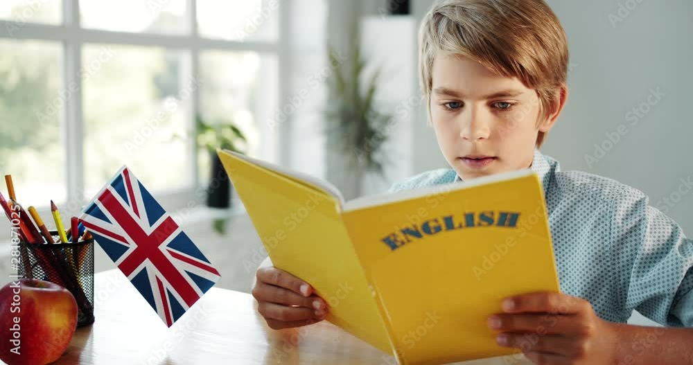 Schoolboy reading book in english, studying foreign languages in ...