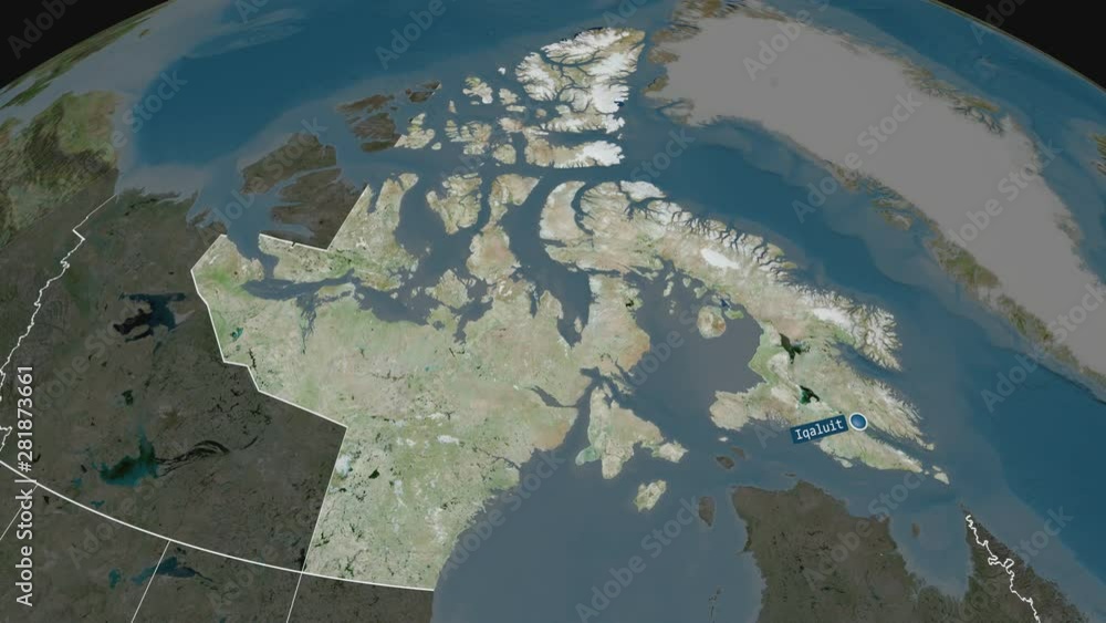 Nunavut - territory of Canada with its capital zoomed on the satellite map of the globe ...