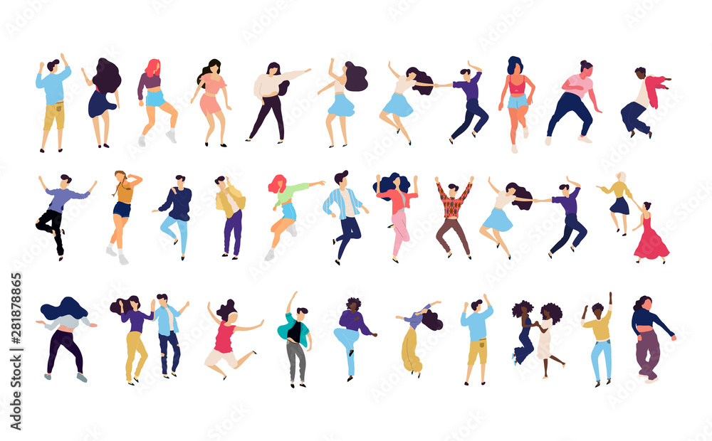 Crowd of young people dancing at club. Big set of characters having fun ...