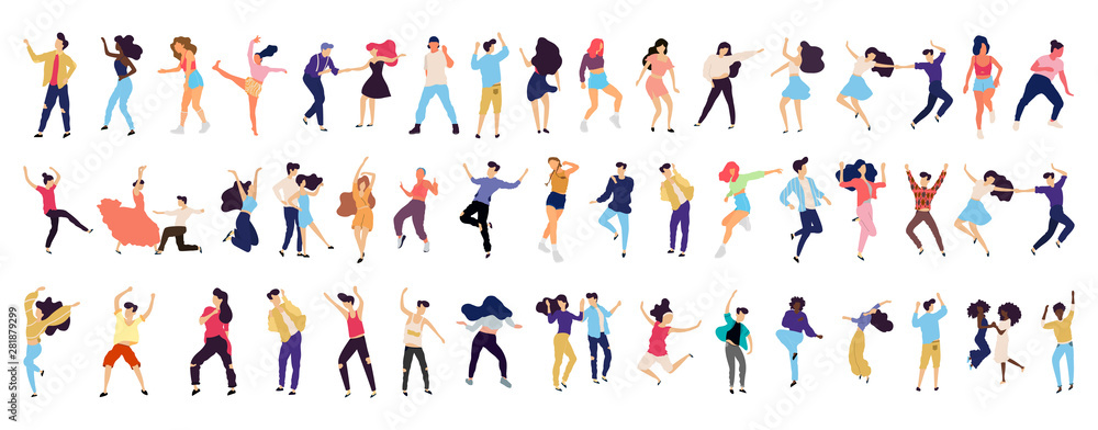 Crowd of young people dancing at club. Big set of characters having fun ...