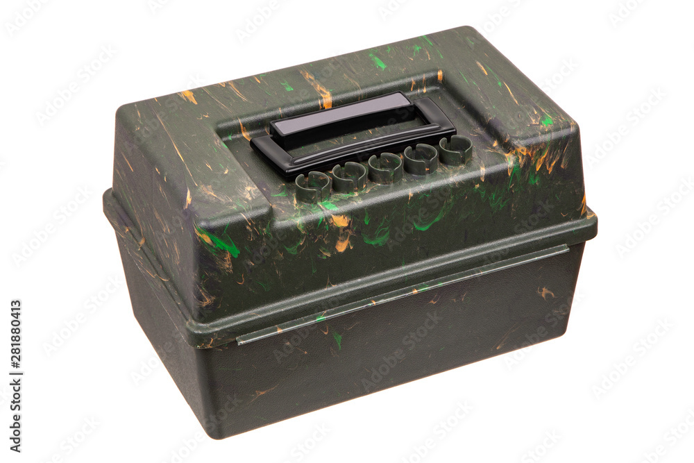 Large Shell Case. Hunting Cartridge ammo Box isolated on white ...