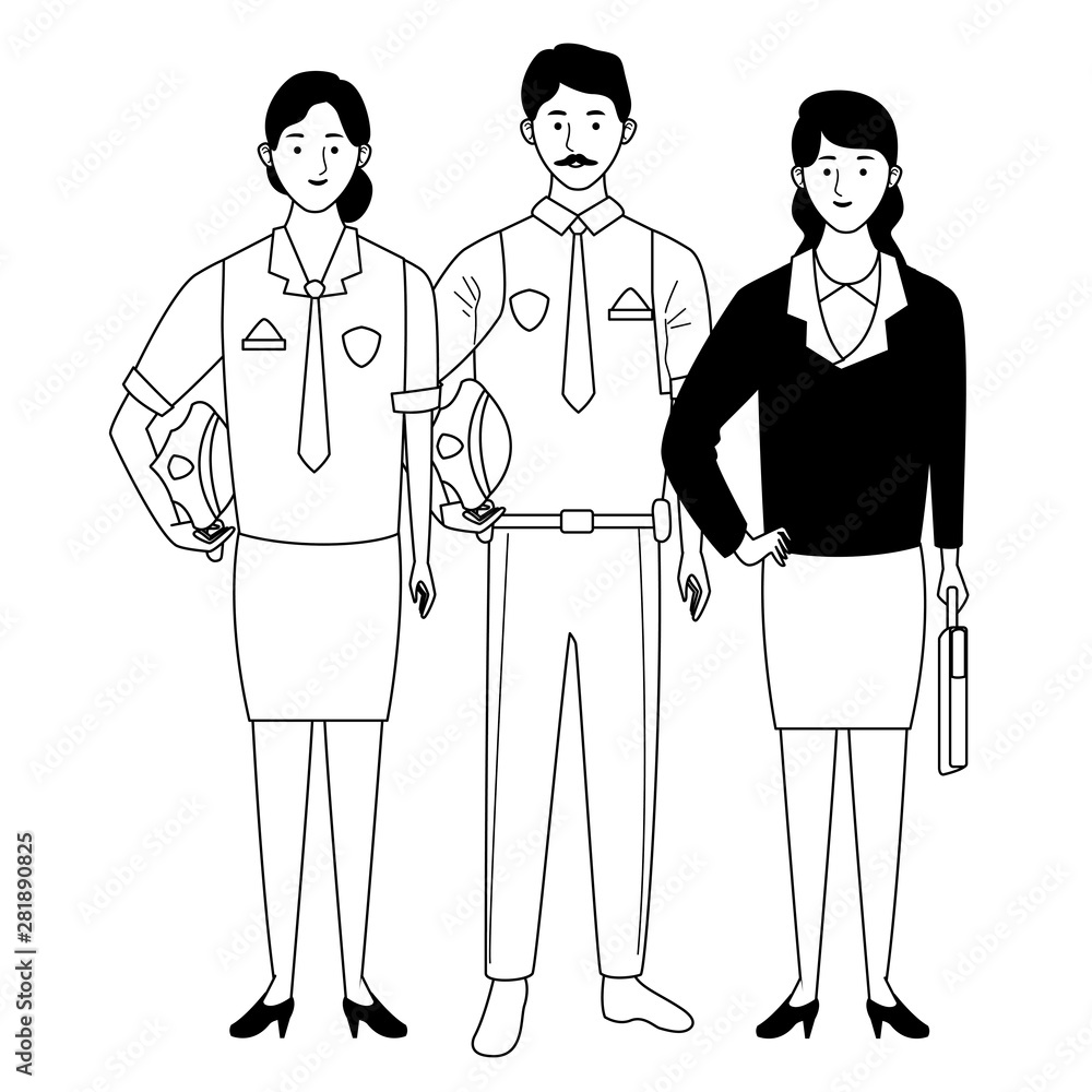 Professionals workers characters smiling cartoons in black and white ...