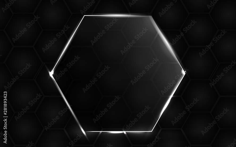 Abstract black background with hexagon frame transparent glass effect a ...