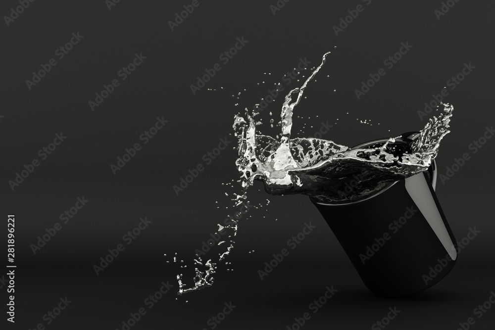 Pouring water into a cup, water splashing in black cup.3d rendering ...