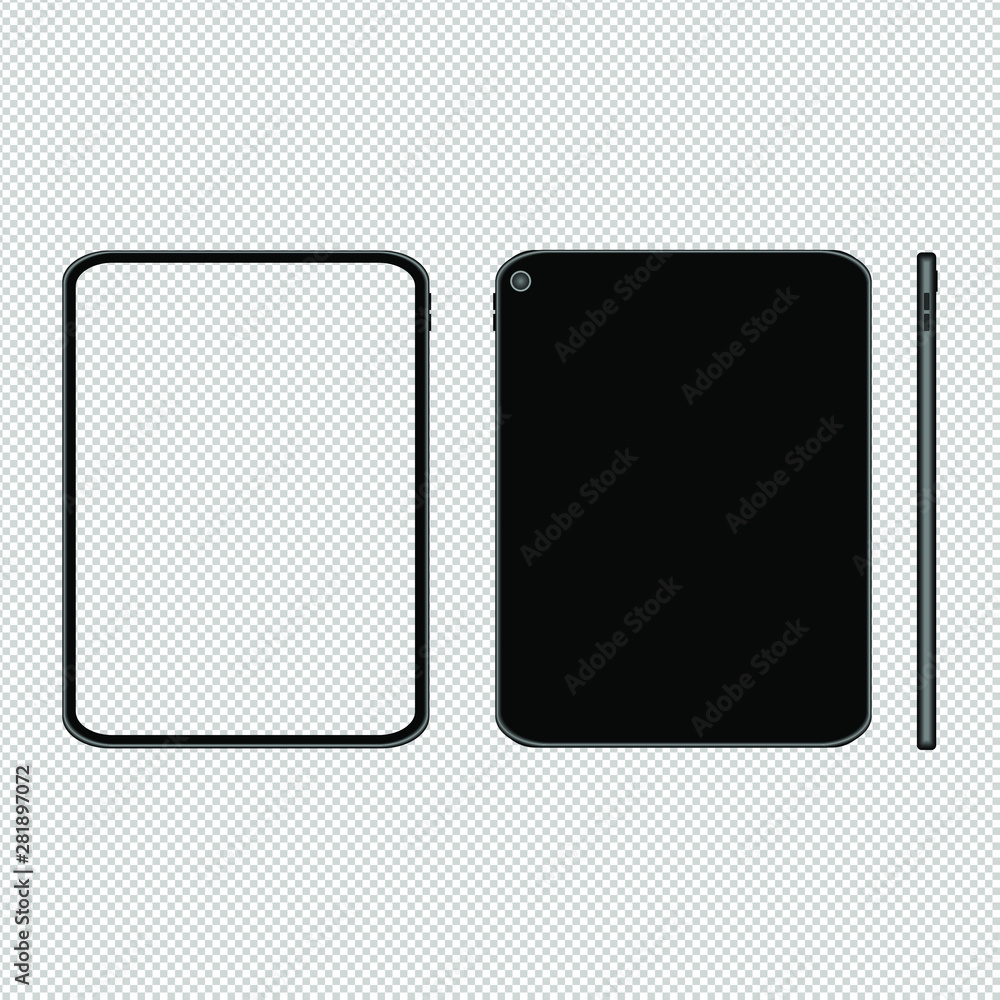 Tablet mockup illlustration with transparent screen. Front, back and ...
