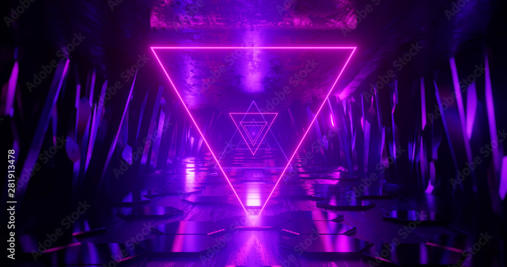3d render abstract background, neon light beam, flight forward through ...