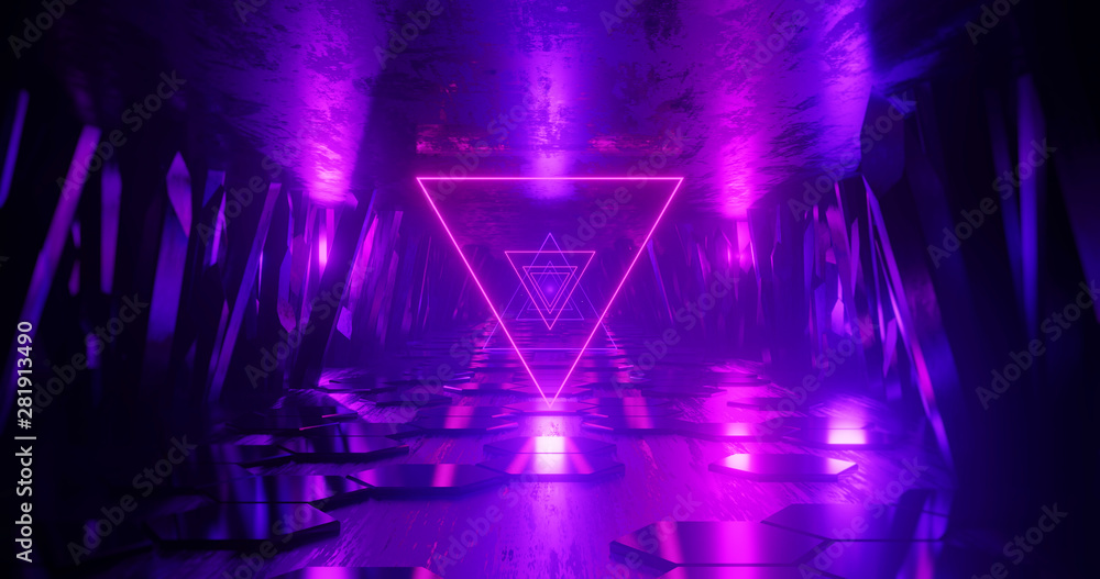 3d render abstract background, neon light beam, flight forward through ...