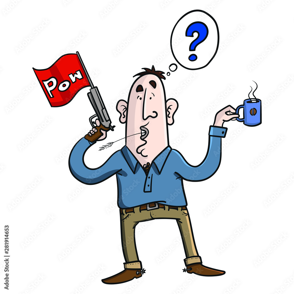 colored vector illustration of a man with toy gun and coffee in hand ...
