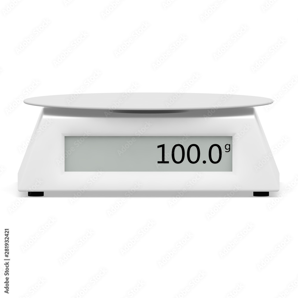 Electronic scales show 100 grams, on a white isolated background. There ...