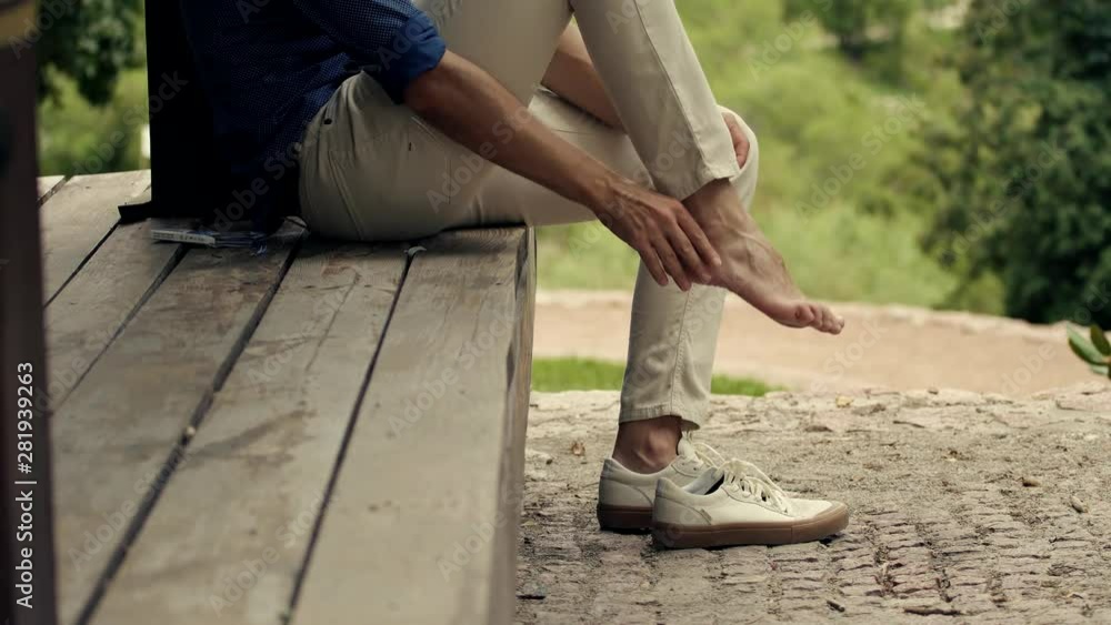 Putting A Band-aid On Leg Callus.Wrapping Foot With Plaster.Man Using ...