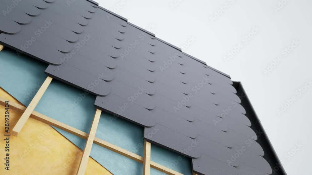 Technical section of roof, visible design and insulation. Gray fish ...