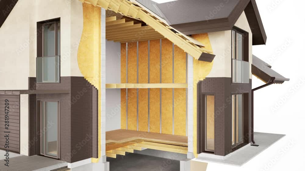 Render of cross section of walls in house. Visible structure, finishes ...