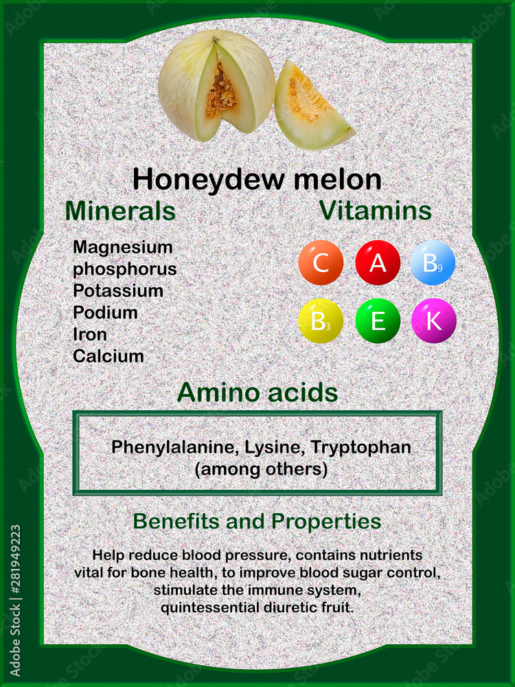 Fact sheet, Infographics about nutrients in the Honeydew melon Stock Photo | Adobe Stock
