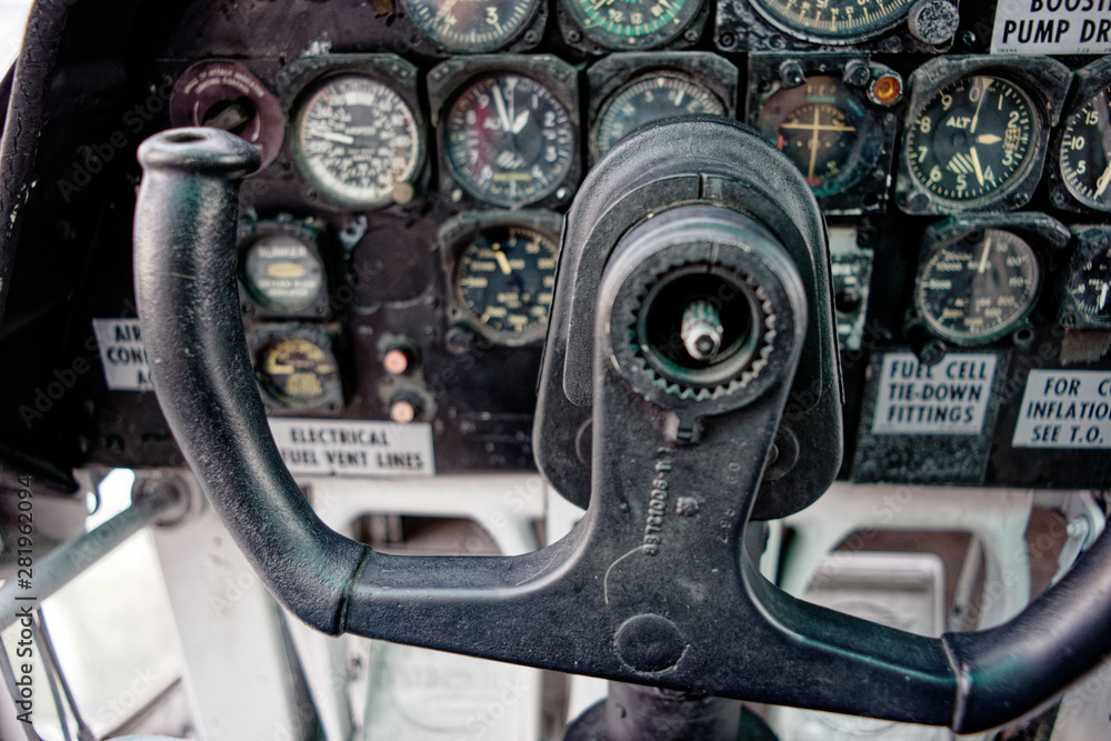old vintage aircraft cockpit detail, pattern of multi meter gauge ...