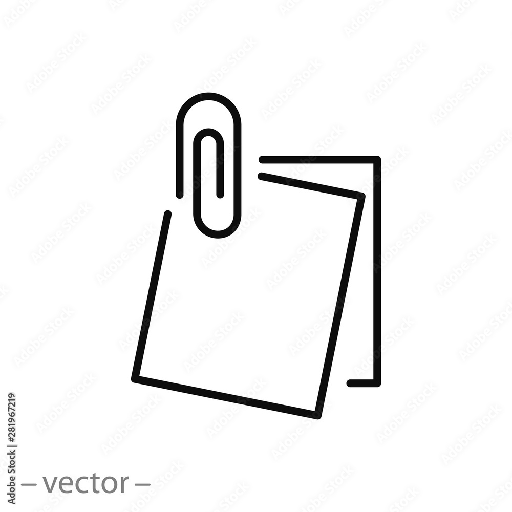 note paper, paperclip icon, clip paper thin line symbol on white ...