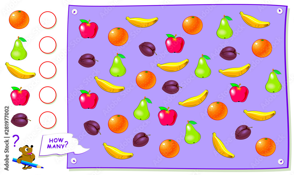 Printable educational page for kids. Count the quantity of fruits and ...