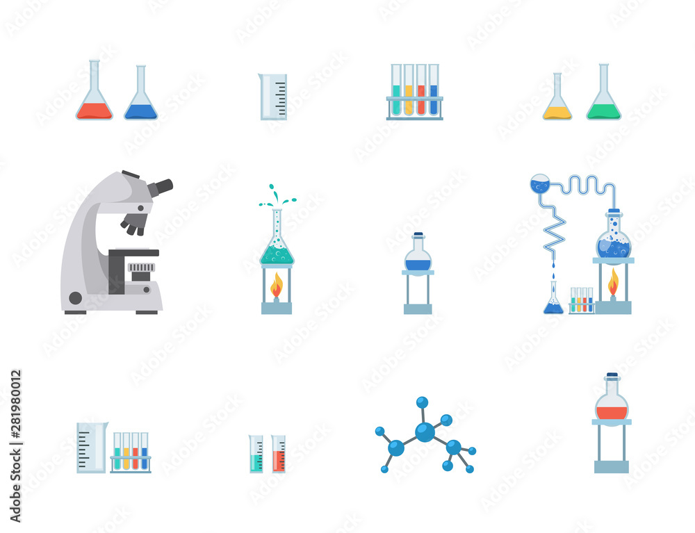 Lab equipment flat vector illustration set. Test tubes, chemistry ...