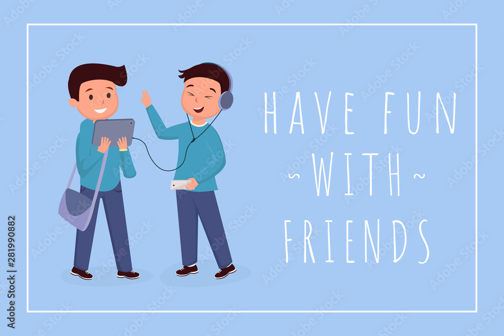 Have fun with friends banner template. Schoolboy wearing headphones ...