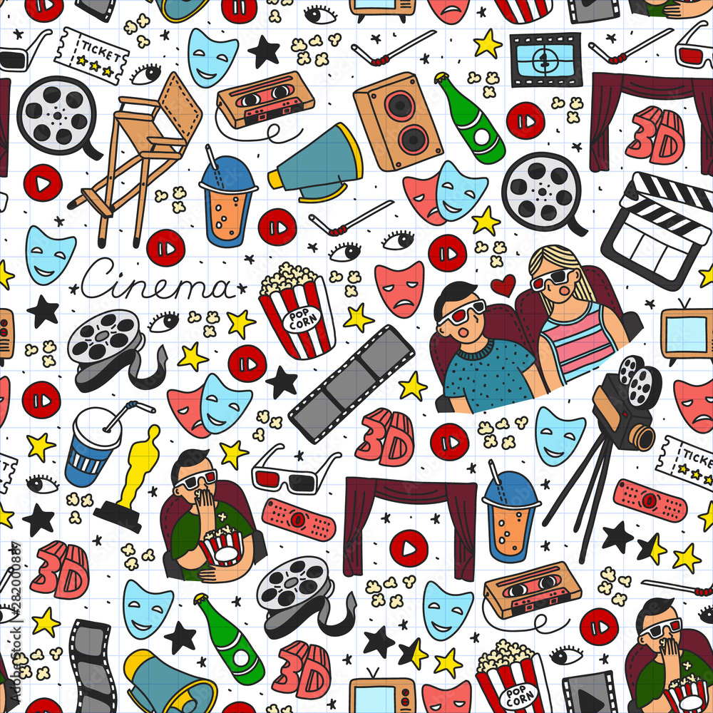 Vector set. Cartoon cute hand drawn Cinema. Colorful detailed, with ... Vector set. Cartoon cute hand drawn Cinema. Colorful detailed, with ...