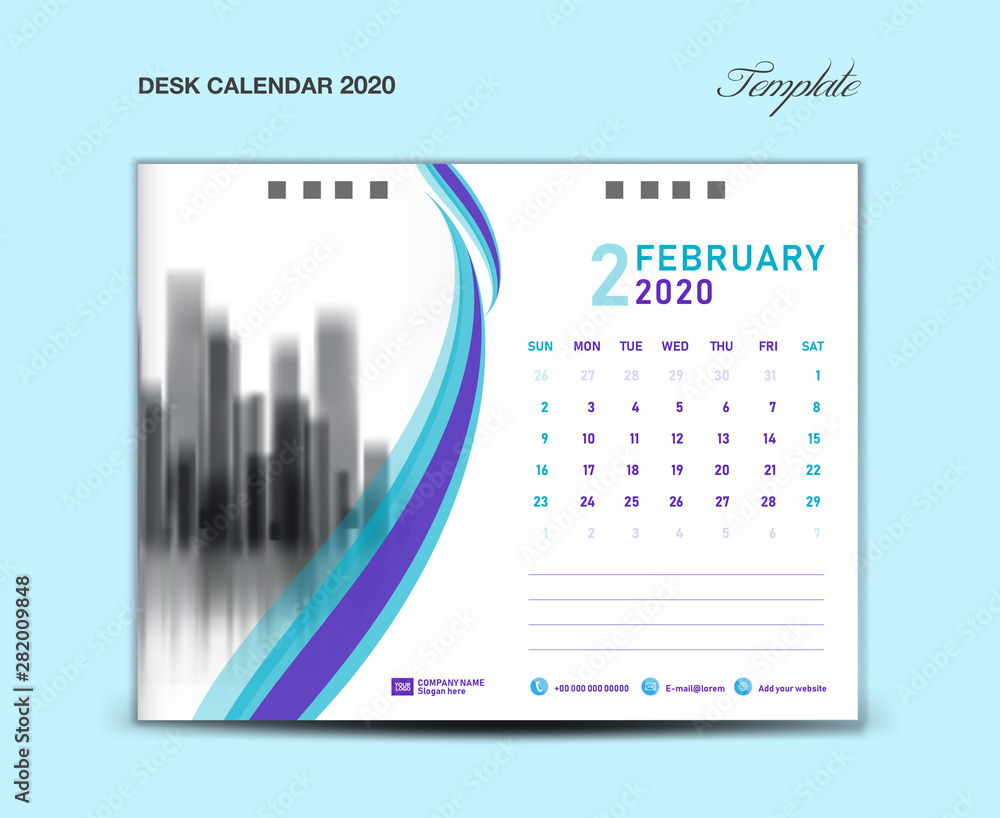 FEBRUARY, Desk Calendar 2020 template vector illustration, Week starts ...