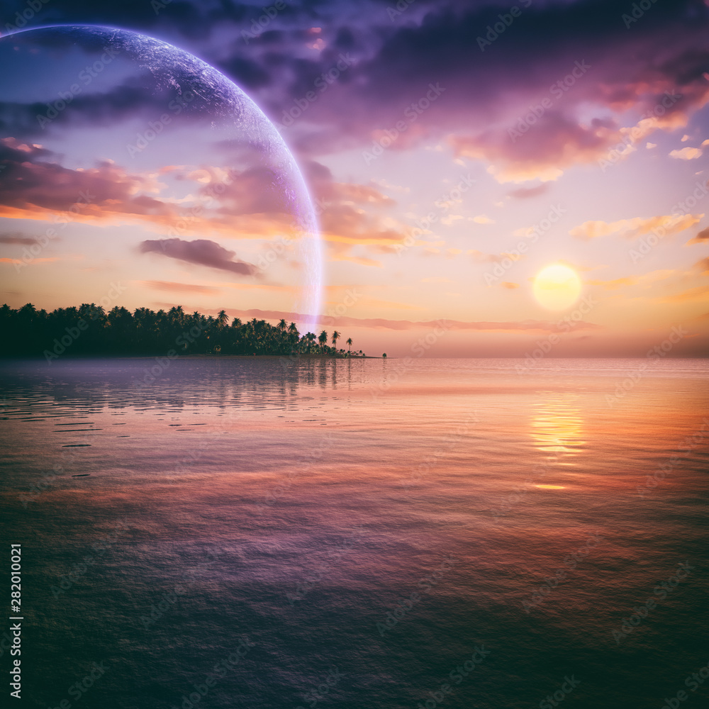 fantasy ocean environment with tropical island and majestic sunset sky ...