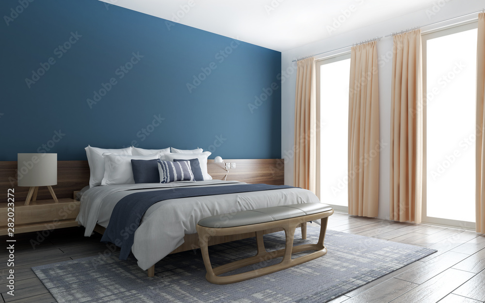 The modern loft bedroom and blue wall texture background Stock Photo ...