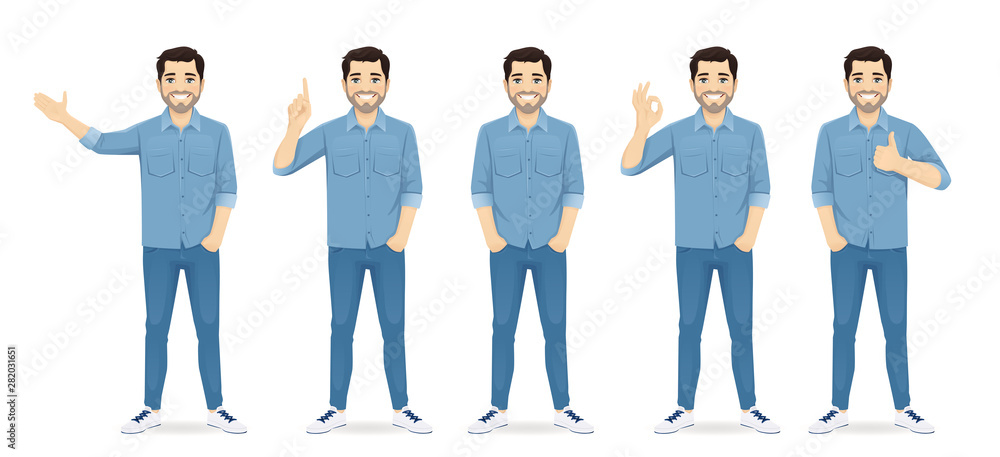 Handsome man in casual clothes standing in different poses set isolated ...