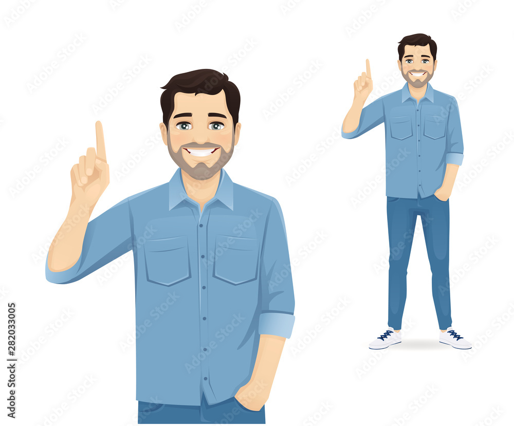 Handsome man in casual clothes pointing up isolated vector illustration ...