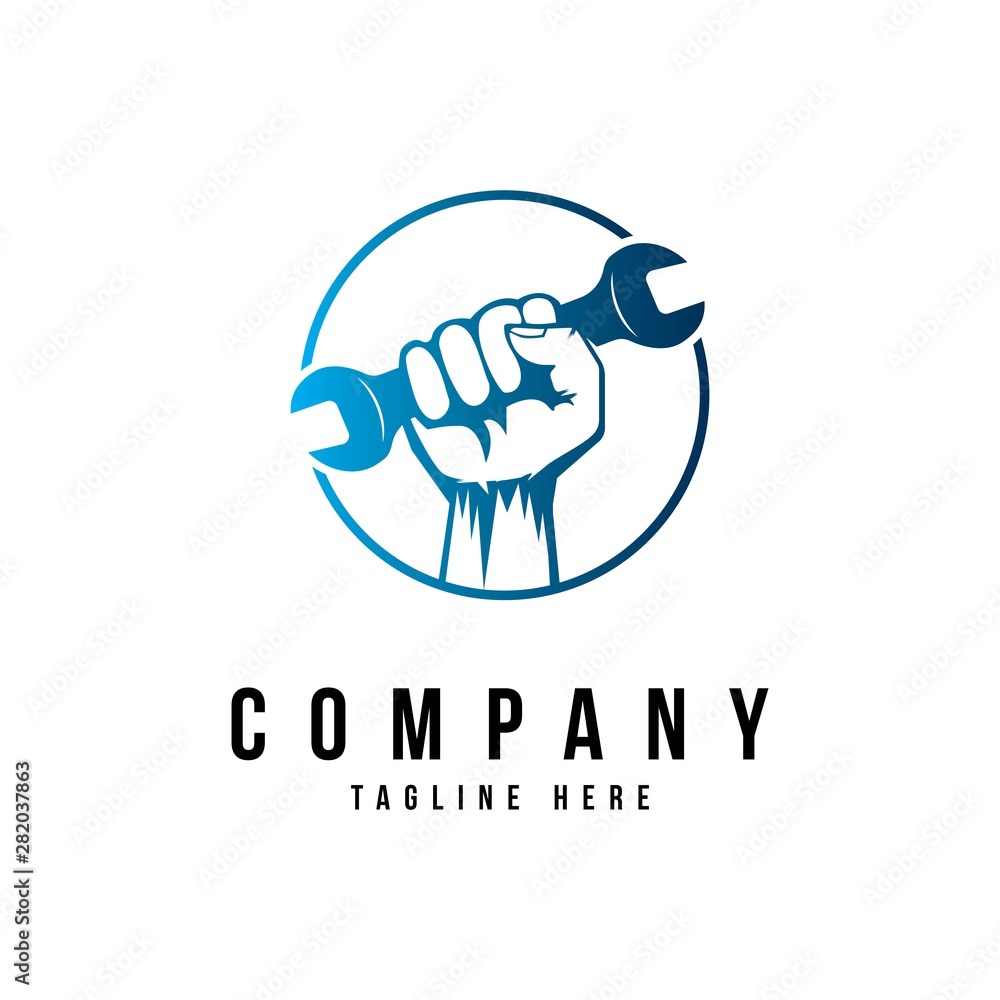 Hand with wrench in the circle line logo design template.Service ...