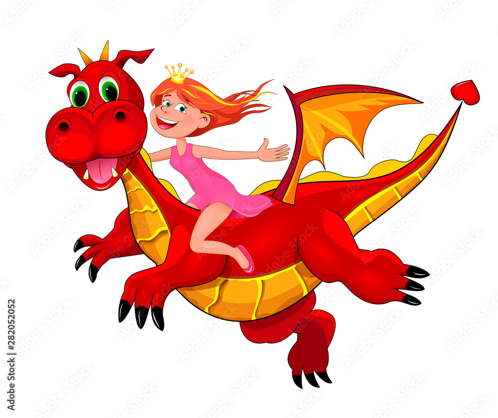 Little princess and red dragon. Little joyful girl sits astride a red ...