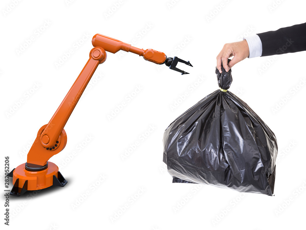 Industrial robot arm recieve the big garbage from human handle for ...