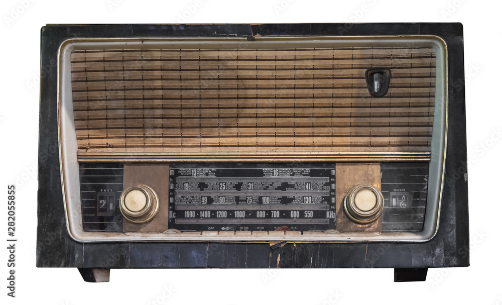 Vintage radio receiver - antique wooden box radio isolate on white with ...