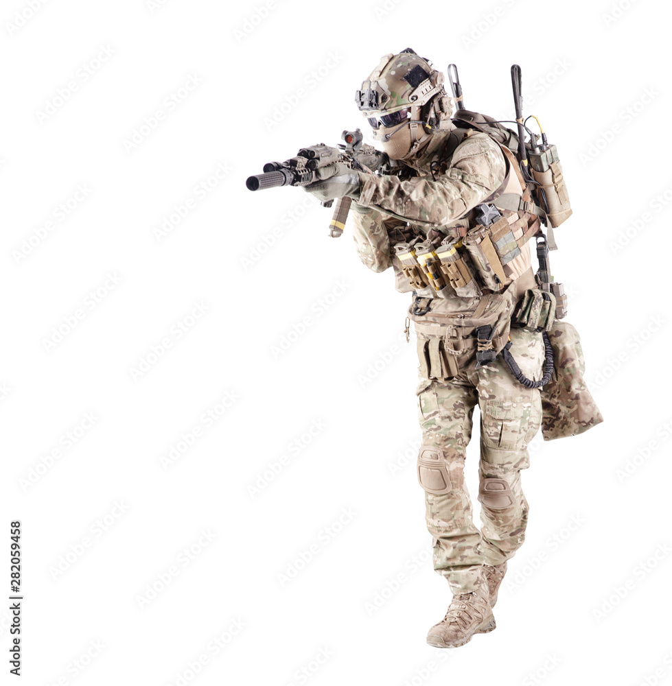 Equipped army soldier aiming rifle studio shoot Stock Photo | Adobe Stock