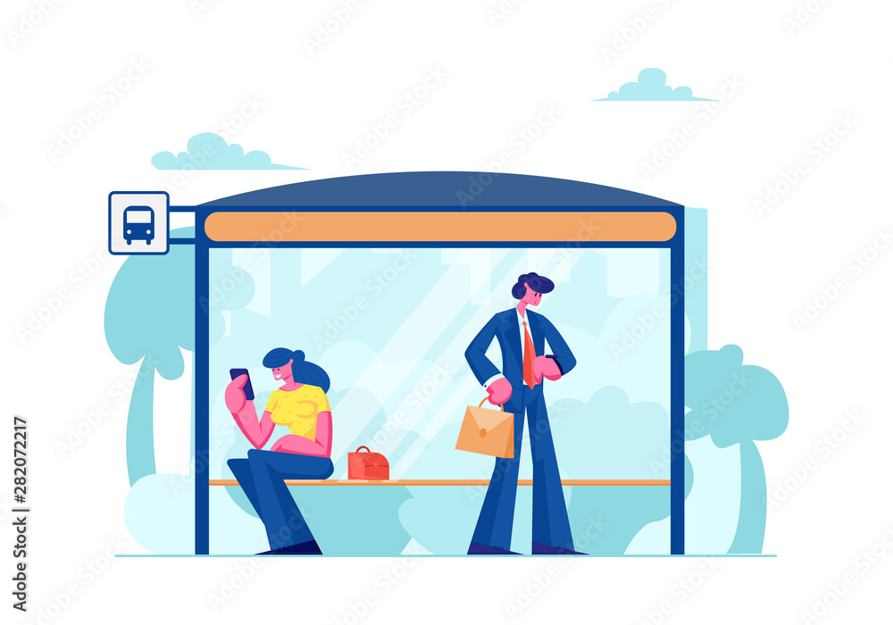 People Stand on Bus Station. Woman Sitting on Bench Reading Messages on ...