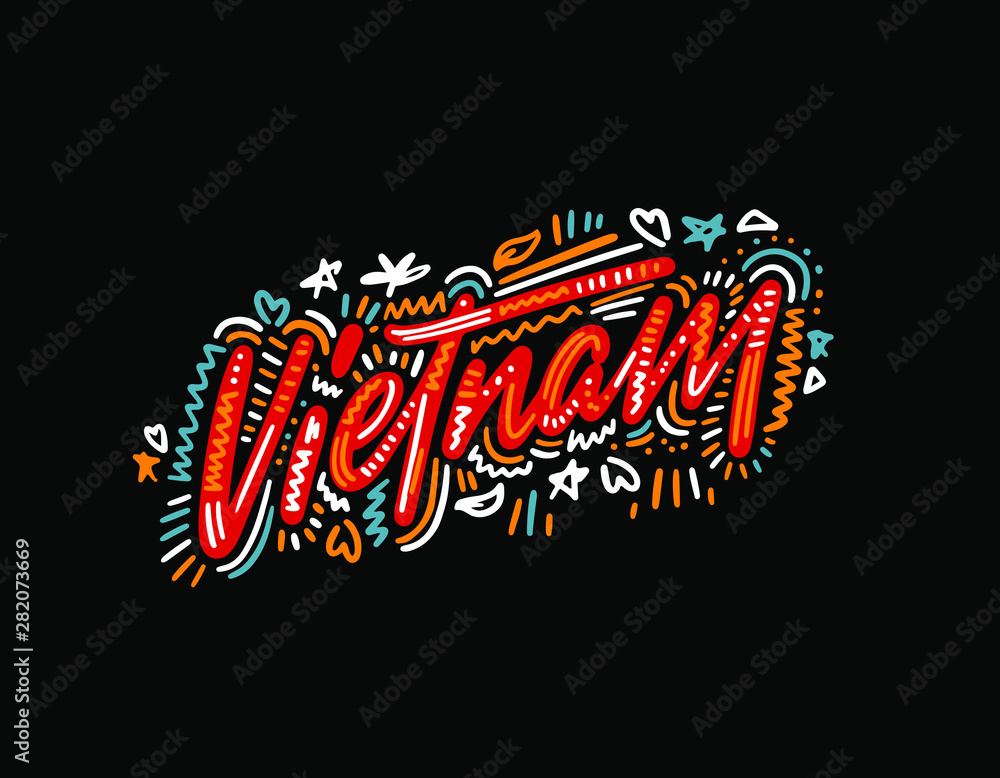 Vietnam. Name country word text card, banner script. Beautiful ...