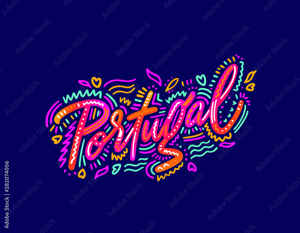 Portugal. Name country word text card, banner script. Beautiful ...