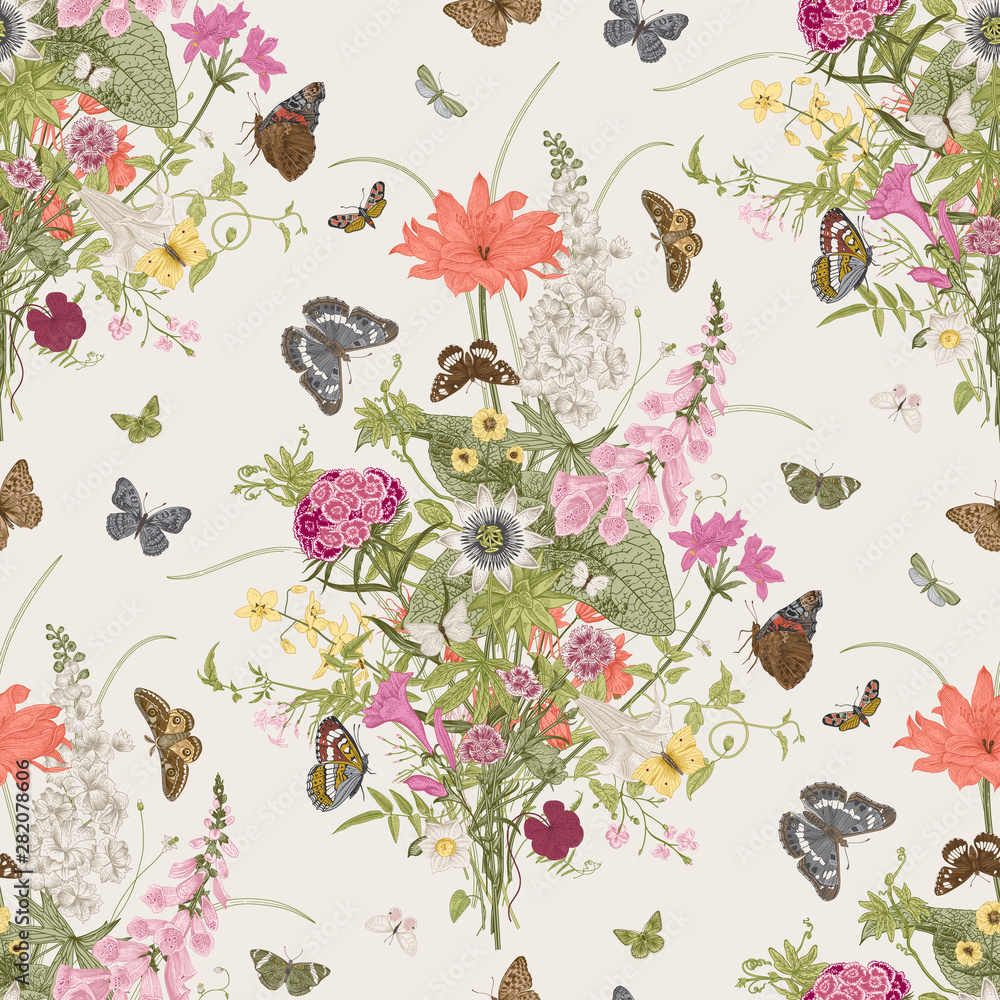 Seamless vector pattern with Victorian bouquet and butterflies. Garden ...