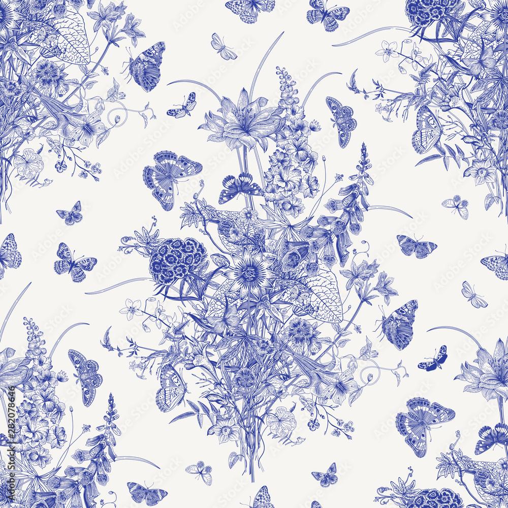 Seamless vector pattern with Victorian bouquet and butterflies. Garden ...