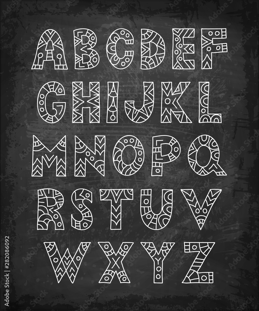 Tribal alphabet on chalk board background. Doodle letters in ethnic ...