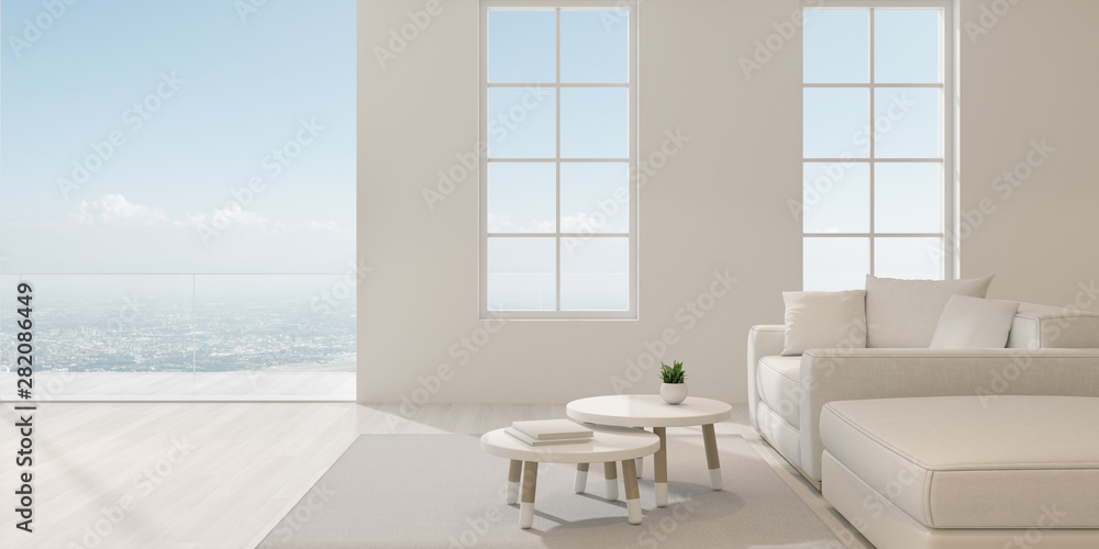 Perspective of modern luxury living room with white sofa and on city ...